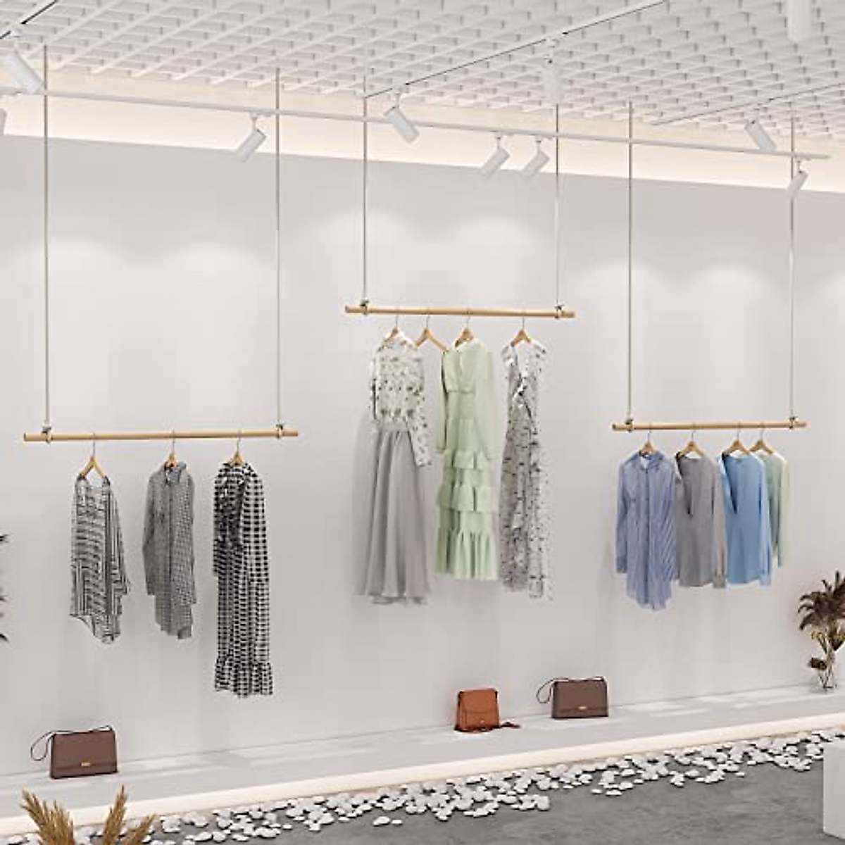 Height Adjustable Ceiling Clothing Hanging Racks,Creative Commercial Wedding Dress Display Shelf, Retail Display Ceiling Organizer Rail,Shop Window Solid Wood Clothes Rail