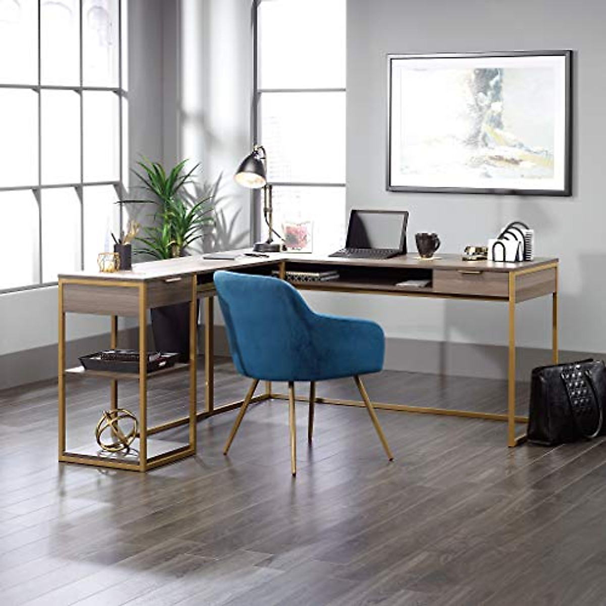 Sauder International Lux L-Shaped Desk, L: 65.98" x W: 60.0" x H: 29.72", Diamond Ash Finish