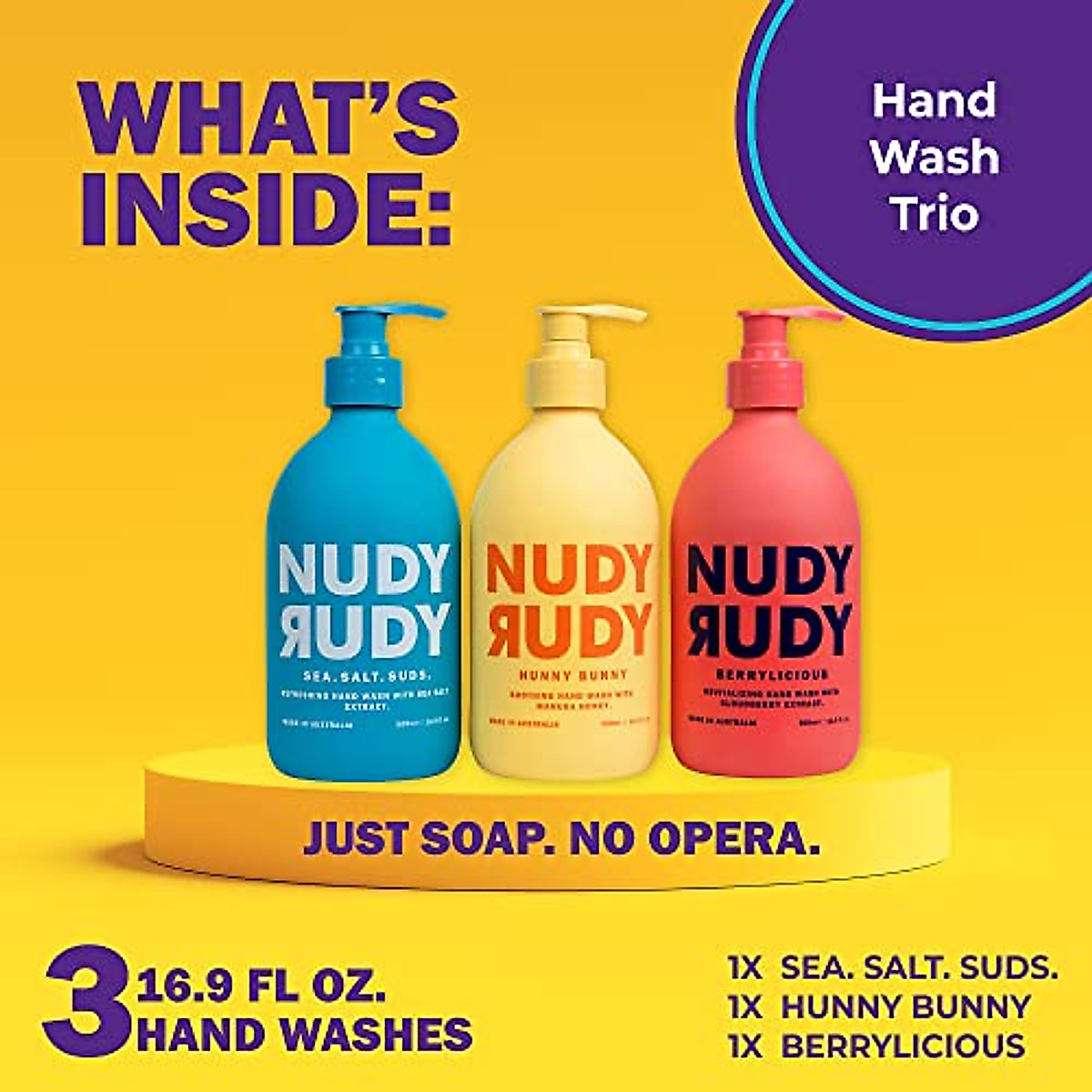 Nudy Rudy - Liquid Hand Wash Bundle - Berrylicious, Hunny Bunny, & Sea. Salt. Suds. - Manuka Honey - Cloudberries - Sea Salt - Moisturizing Hand Soap - Skin Care - Men & Women - 16.9 fl oz - 3 Pack