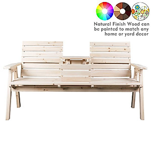 Kdgarden Cedar/Fir Log Wood Patio Garden Bench with Foldable Table, Outdoor Wooden Porch 3-Seat Bench Chair for Garden Balcony Patio Backyard, Natural Finish