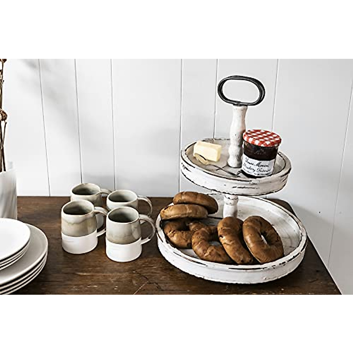 Creative Co-op EC0125 Distressed Wood 2-Tier Tray with Metal Handle, Cream