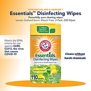 Arm & Hammer Essentials Disinfecting Wipes, Lemon Orchard 2-Pack, 110 Count, 220 Wipes, Volcano