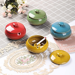 SRECATY Transmutation Glaze Ceramic Ashtray with Lid for Cigarette Outdoor Windproof Ash tray Sets for Smokeless Home Ashtrays Outside for Patio Garden Balcony - Yellow