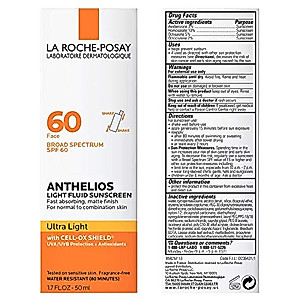 La Roche-Posay Anthelios Light Fluid Face Sunscreen Broad Spectrum SPF 60, Sensitive Skin Sunscreen, Oxybenzone Free, Oil Free, Non-Comedogenic