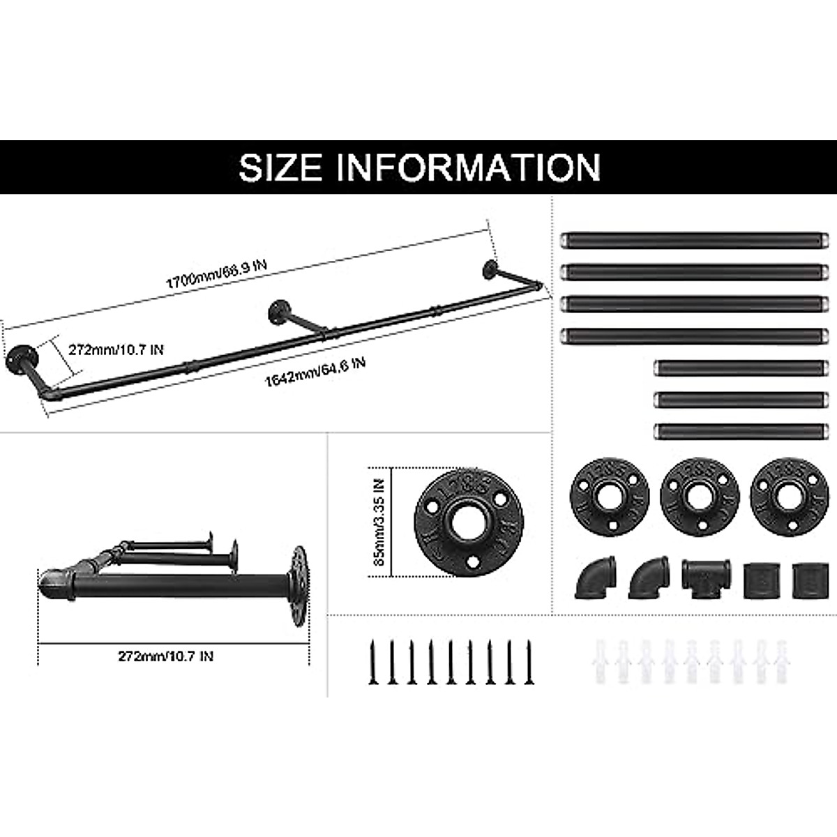 Livabber Industrial Pipe Clothes Rack, Heavy Duty Detachable Iron Garment Rack Wall Mounted, Rustic Saving Space Clothes Bar Multi-Purpose Hanging Rod for Bedroom, Closet, Black (60 Inch)