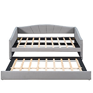 GINGVAT Stylish Upholstered Daybed Sofa Bed with Twin Size Trundle and Wood Slat, Gray, White