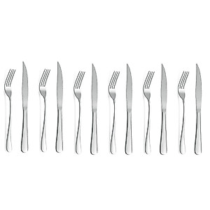 Rygten QU 12-piece Bright Silver Steak Knives Set, Fork And Knives Set For 6, Stainless Steel Knife Set Of 12, Dishwasher Safe