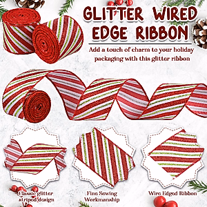2 Rolls Christmas Wired Ribbon Red Green Stripe Glitter Ribbon Xmas Wrapping Burlap Decor for Home Party DIY Craft Bows, 2.5 Inch 20 Yards (White)