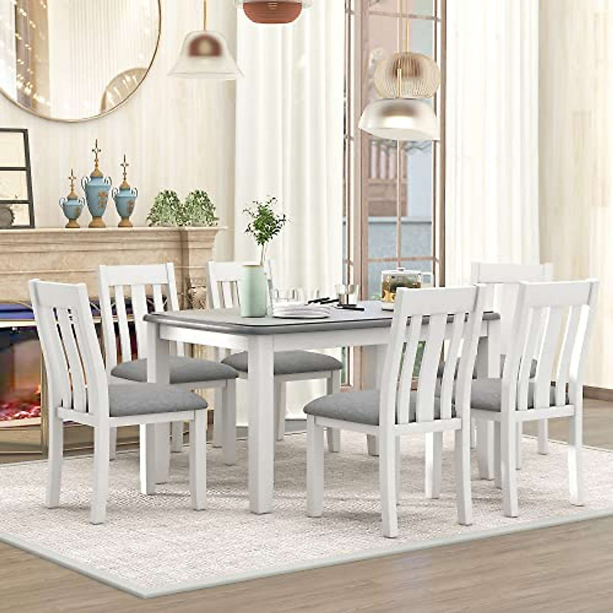 WOZNLA 7-Piece Wooden Extendable Dining Table Set - Retro Style Kitchen Table and 6 Upholstered Chairs - Expandable Design for Flexible Seating - Perfect for Dining Room Gatherings