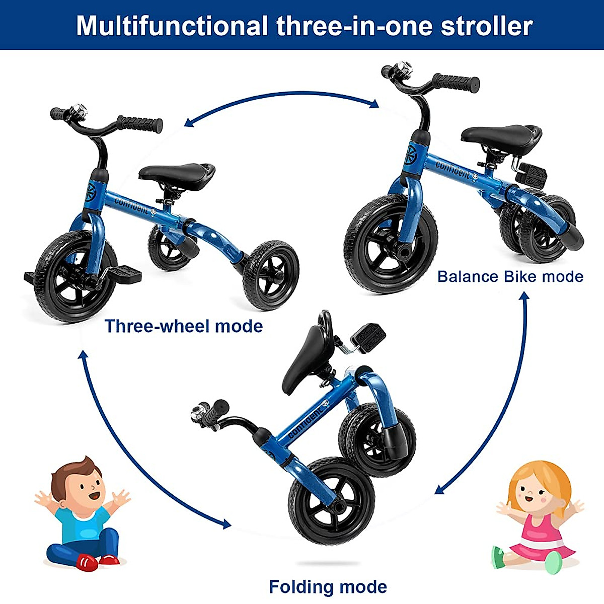 Ancaixin 3 in 1 Toddler Tricycles for 2-5 Years Old Boys and Girls with Detachable Pedal and Bell, Foldable Baby Balance Bike Riding Toys for 2+ Kids, Child Birthday Christmas New Year Gift Blue