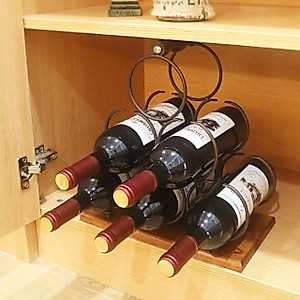 Countertop Wine Rack, Tabletop 6 Bottles Wood Wine Holder, Sturdy Handle, 3-Tier Rustic Classic Design, Simple Assembly, Wood & Metal (Copper)