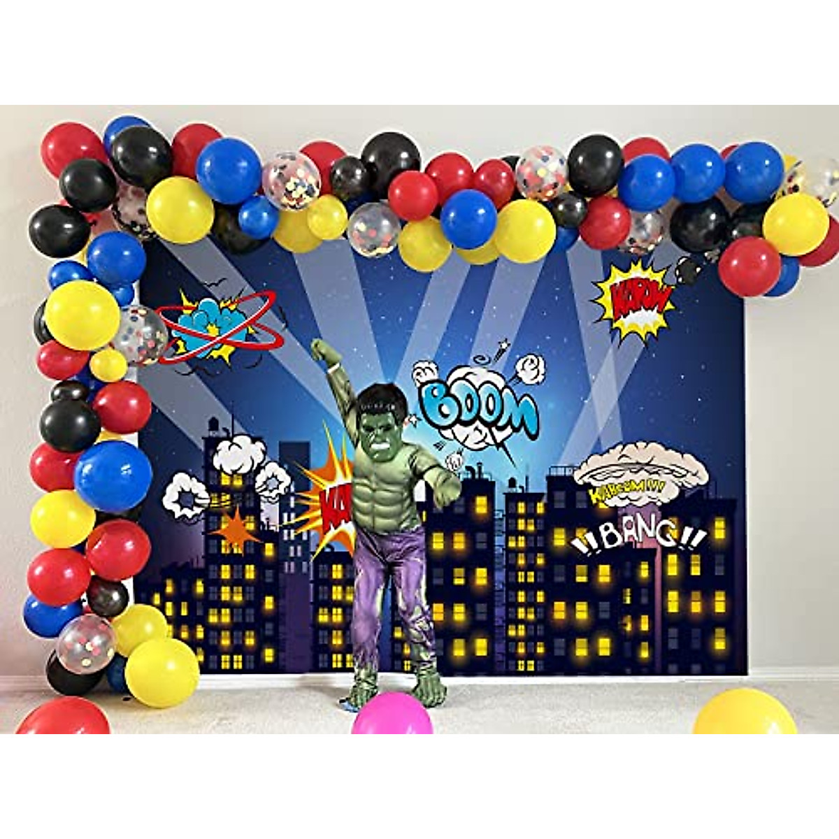 Superhero Cityscape Theme Backdrop Night Scene Comics Style Building Photography Background Baby Shower Boy Girl Kids Birthday Party Decoration Studio Shoot Prop 7x5FT