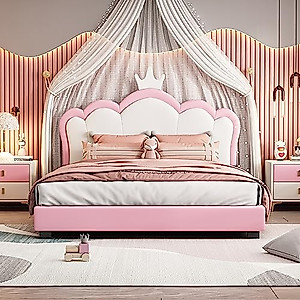 GYYBED Full Size Upholstered Princess Bed with Crown Headboard,Full Bed Frames for Girls Full Bed Frame Girl Full Size Bed Frames for Girls Full Bed Frames for Kids (White+Pink, Full)