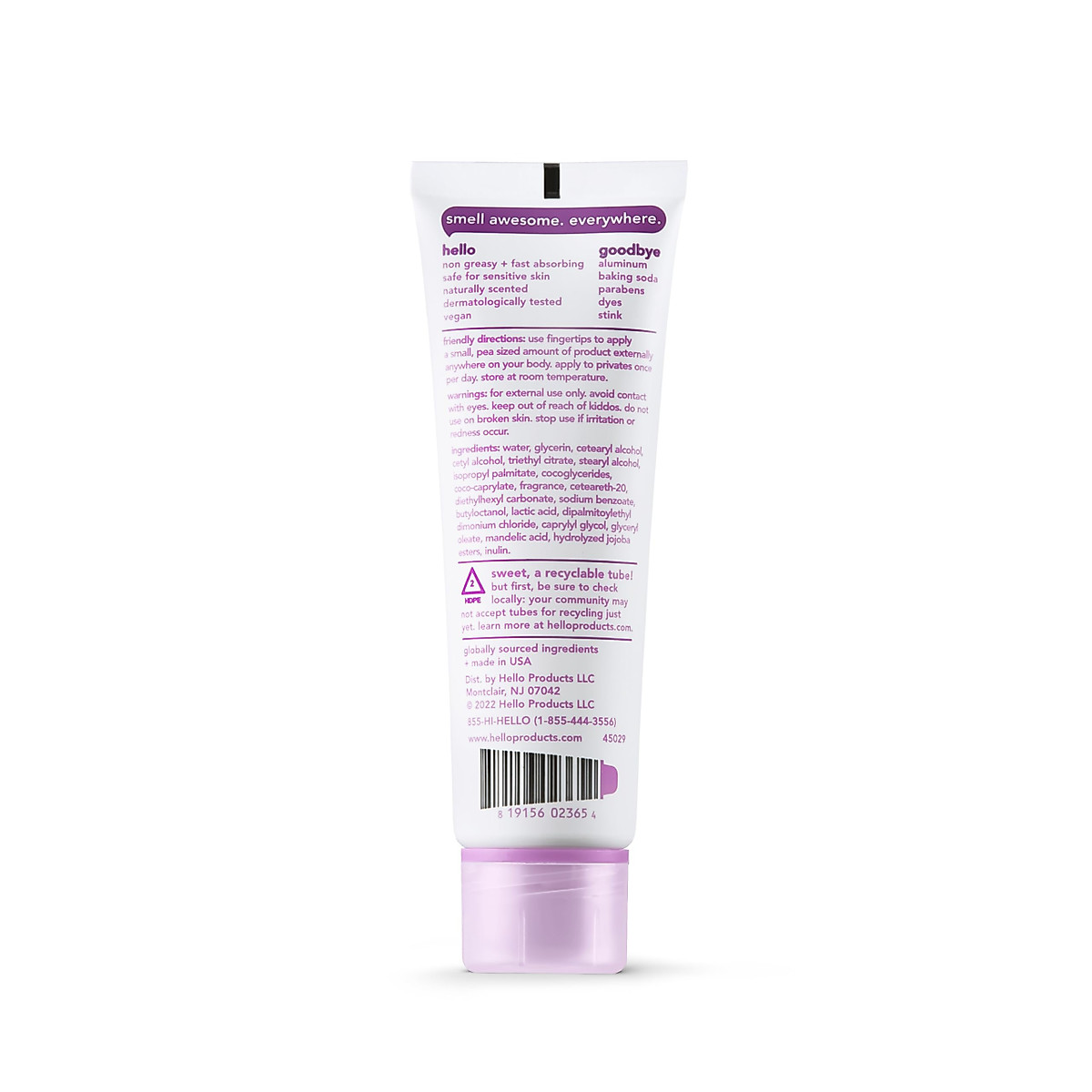 hello All Over Lavender Vanilla Whole Body Deodorant Cream, Aluminum Free Deodorant Cream for Pits, Privates + More, Offers 72 Hours of Freshness, Safe for Sensitive Skin, Vegan, 1 Pack, 3 Oz Tube