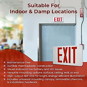 Self-Testing Red LED Exit Sign Light with 90 Minutes Battery Backup - Hard Wired, Self-Diagnostic, Energy-Efficient, White Thermoplastic, Universal Mounting for Commercial and Institutional Use