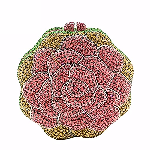 Boutique De FGG Rose Flower Crystal Clutch Women Evening Bags Formal Party Rhinestone Handbag Wedding Bridal Purse (Mini,Pink&Green)