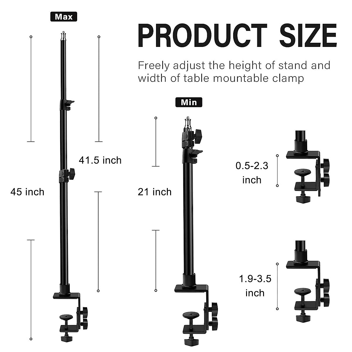 Obeamiu 2 Pack C Clamp Desk Mount Light Stand with 1/4" Ball Head and Hot Shoe Mount Adapter, 21-45 Inch Adjustable Tabletop Bracket Stand for DSLR Camera, Ring Light, Video Monitor, Microphone Webcam