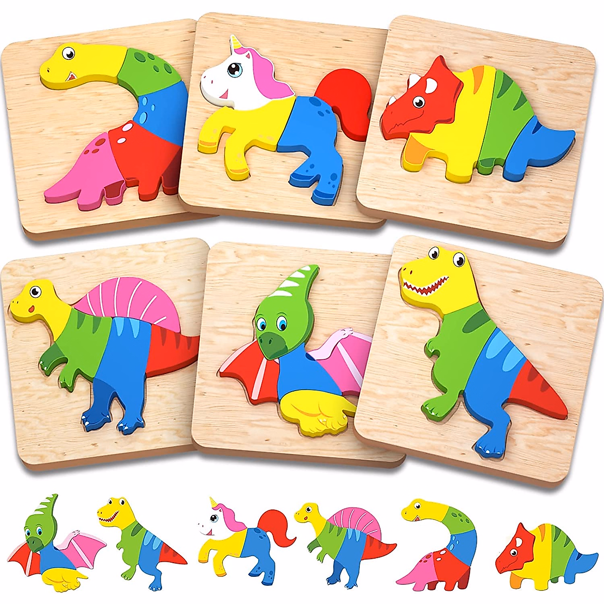 Kaodezhu Wooden Animal Puzzles for Toddlers 1 2 3 Years Old, Bright Color Learning Toys Gift with 6 Pack, Girls and Boys Montessori Toy for Educational Preschool