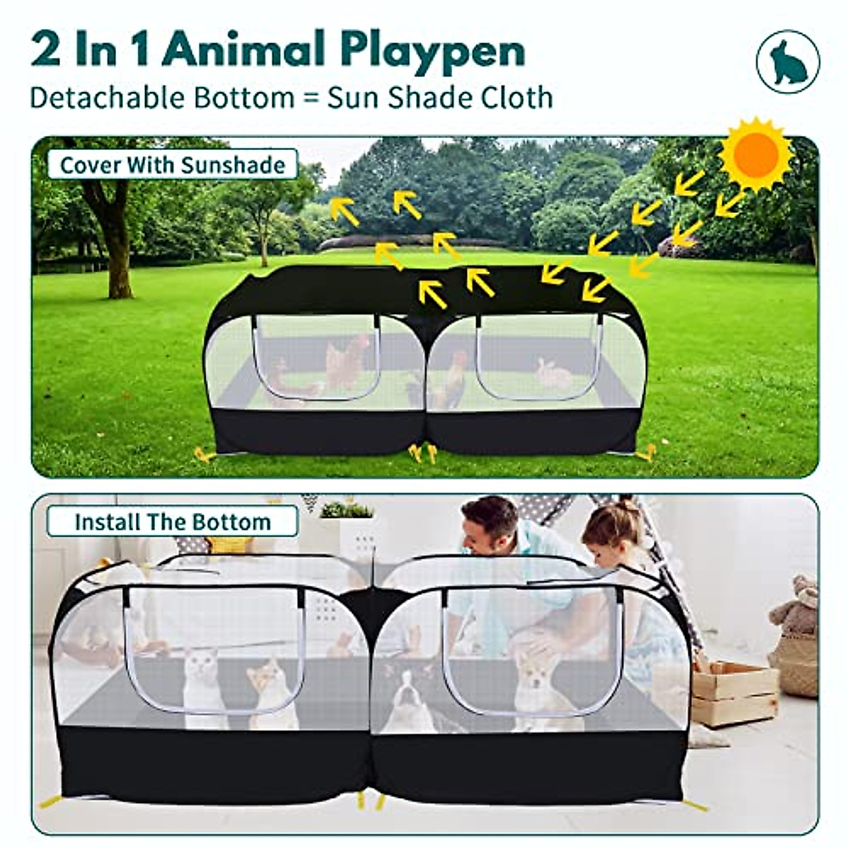 Small Animals Playpen,Pet Cage Tent Large Chicken Run Coop with Detachable Bottom Breathable Transparent Mesh Walls, Foldable Pet Enclosure for Puppy Kitten Rabbits Indoor Outdoor playpen