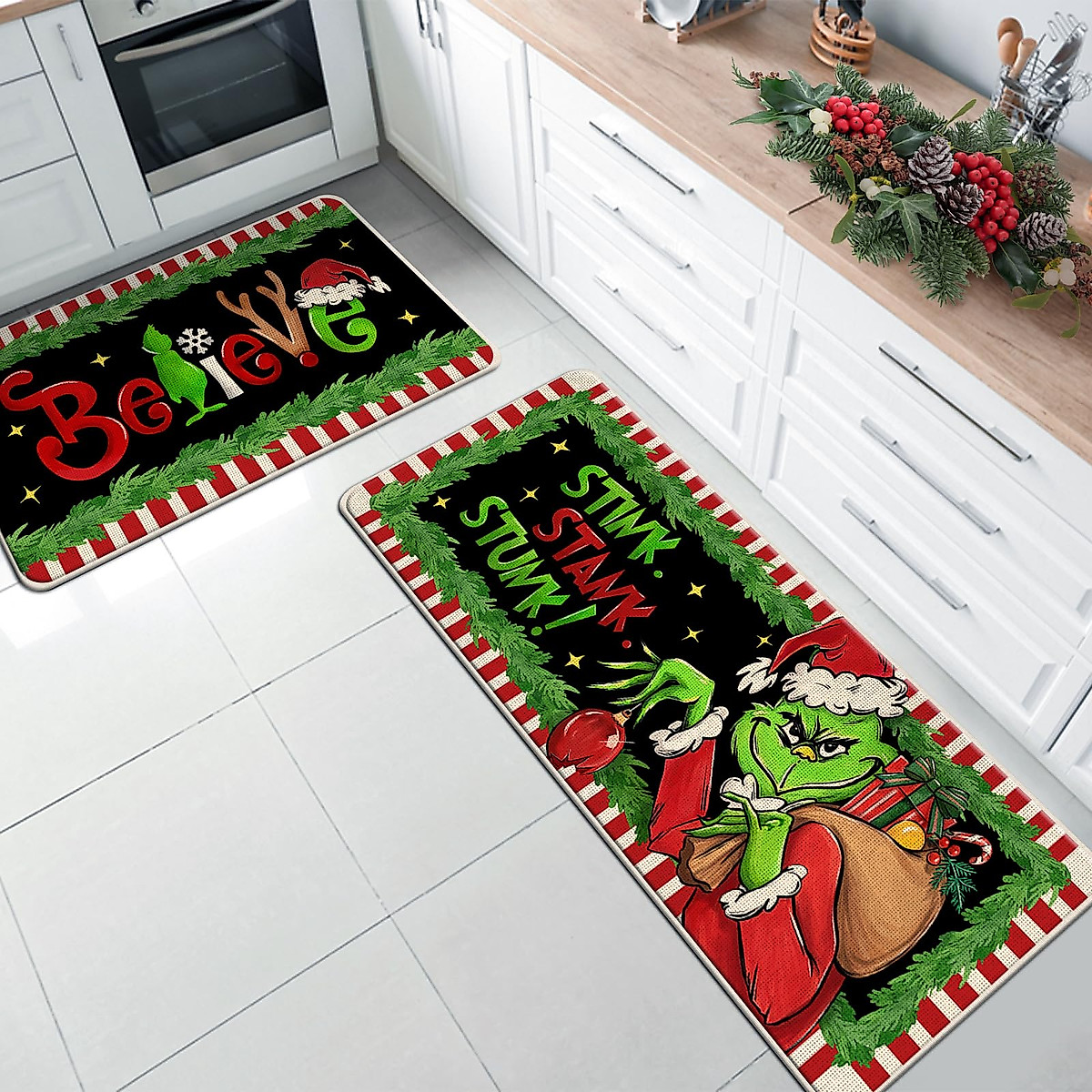 Tailus Christmas Believe Kitchen Rugs Set of 2, Xmas Gifts Stink Stank Stunk Green Kitchen Mats Decor, Red White Stripes Holiday Door Mat Home Decorations - 17x29 and 17x47 Inch