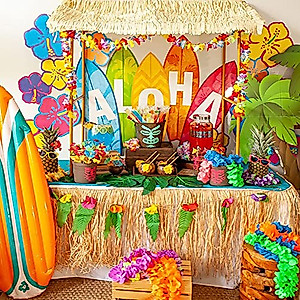 Tropical Luau Party Decorations Set Hawaiian Beach Theme Party Favors Luau Party Supplies with 9ft Luau Grass Table Skirt, Palm Leaves, Hibiscus Flowers, 3D Fruit Straws, Flamingo and Pineapple Décors
