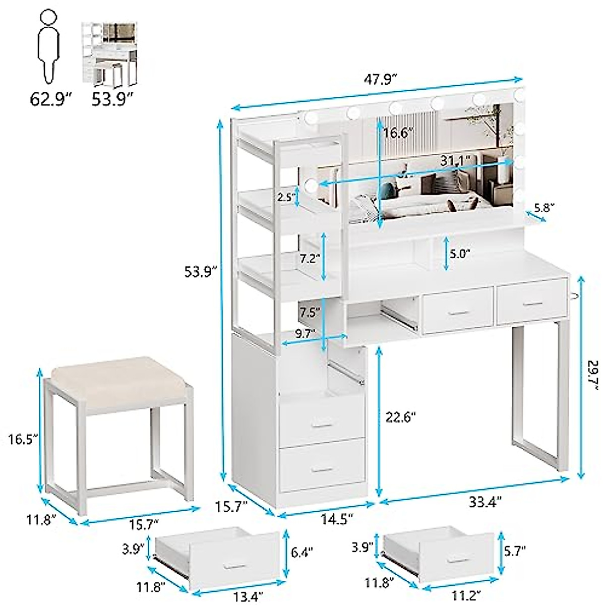 PAKASEPT Makeup Vanity Desk with Mirror and Lights, Vanity Desk with Charging Station, Drawers, Movable Shelves for Makeup, Modern Vanity Table Set with Vanity Stool for Bedroom, White