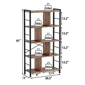 armocity Bookshelf, 5 Tier Tall Industrial Bookcase Wood Metal Frame Standing Book Shelf, Display Bookshelves Storage Organizer for Bedroom Living Room Home Office, Rustic Brown