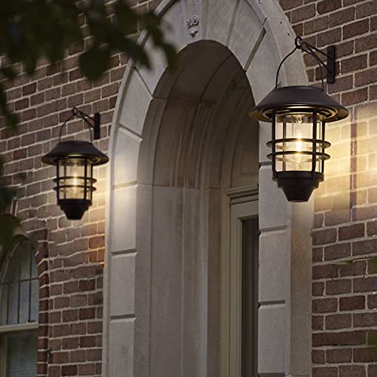Solar Lantern Outdoor Lights,Hanging Solar Lights,Solar Lanterns Metal Waterproof Clear Glass & Hook Solar Outdoor Lights, Wall Lights Fixture Solar Garden Lights for Porch, Fence,Yard 2 Pack
