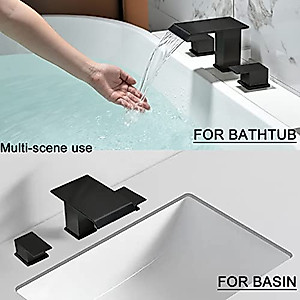 BEIYI Matte Black Deck Mount Tub Faucet, Roman Tub Faucet Set 2 Handles Bathtub Faucet Filler Set 3 Hole High Flow Waterfall Tub Faucet