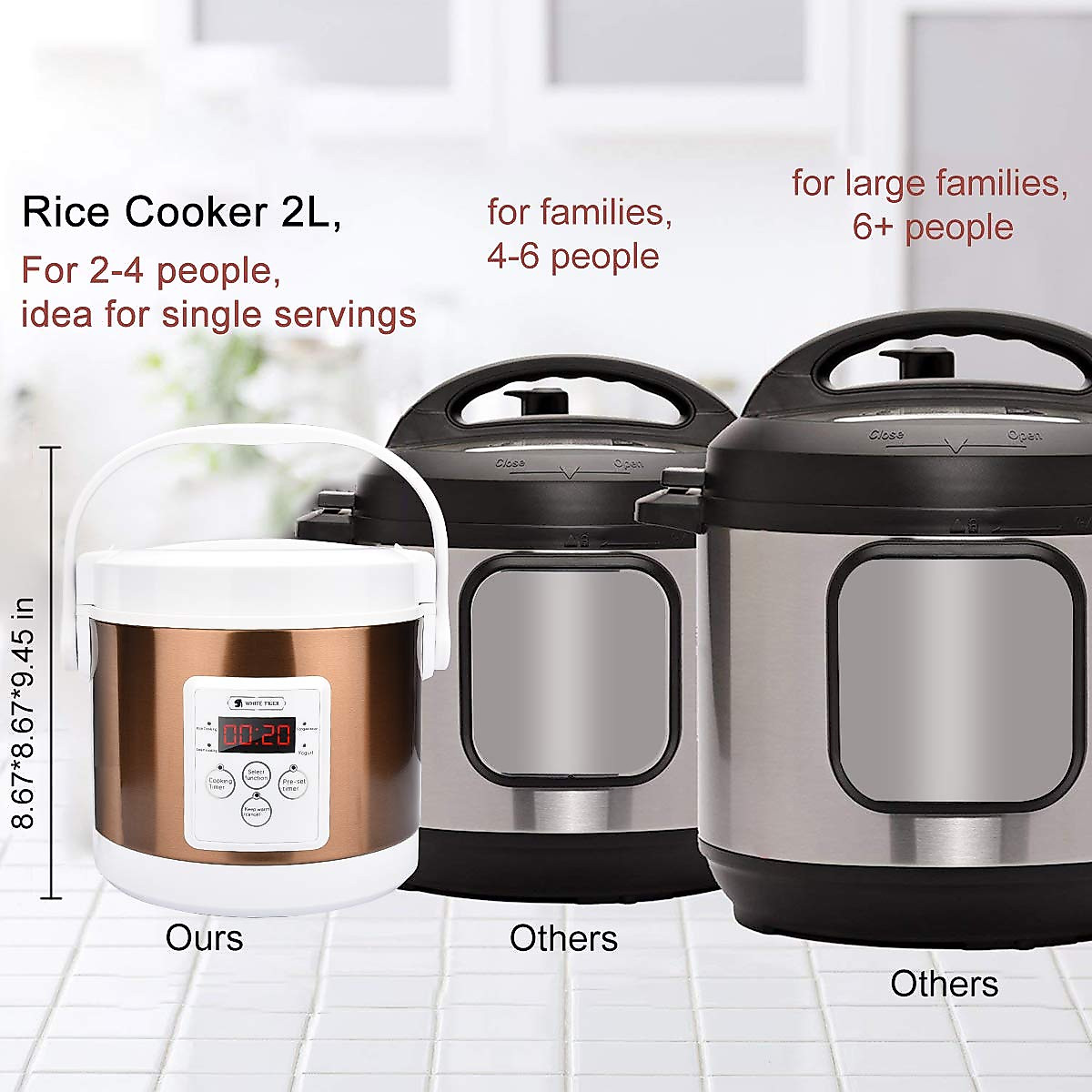 HOMCORT 2.0L Mini Rice Cooker, 25 Minutes Fast Cooking, 3 Cups (Uncooked), with Non-stick Pot, Keep Warm Function, for Soup, Rice, Stews, Grains & Oatmeal - Gold
