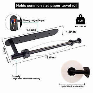 KIHOGEM Magnetic Paper Towel Holder,One Hand Operable Paper Towel Holder Wall Mount Self Adhesive and Strong Magnetic Backing for Kitchen Refrigerator Grill RV(Black)