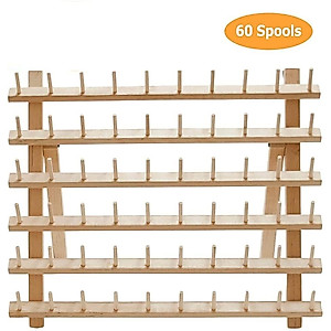 ThreadNanny 60 Spools Thread Rack - Premium Birchwood Thread Storage Organizer Stand for Sewing Embroidery Spools and Mini Cones - Thread Holders for Spools of Thread with Wall Mount Hanging Hooks