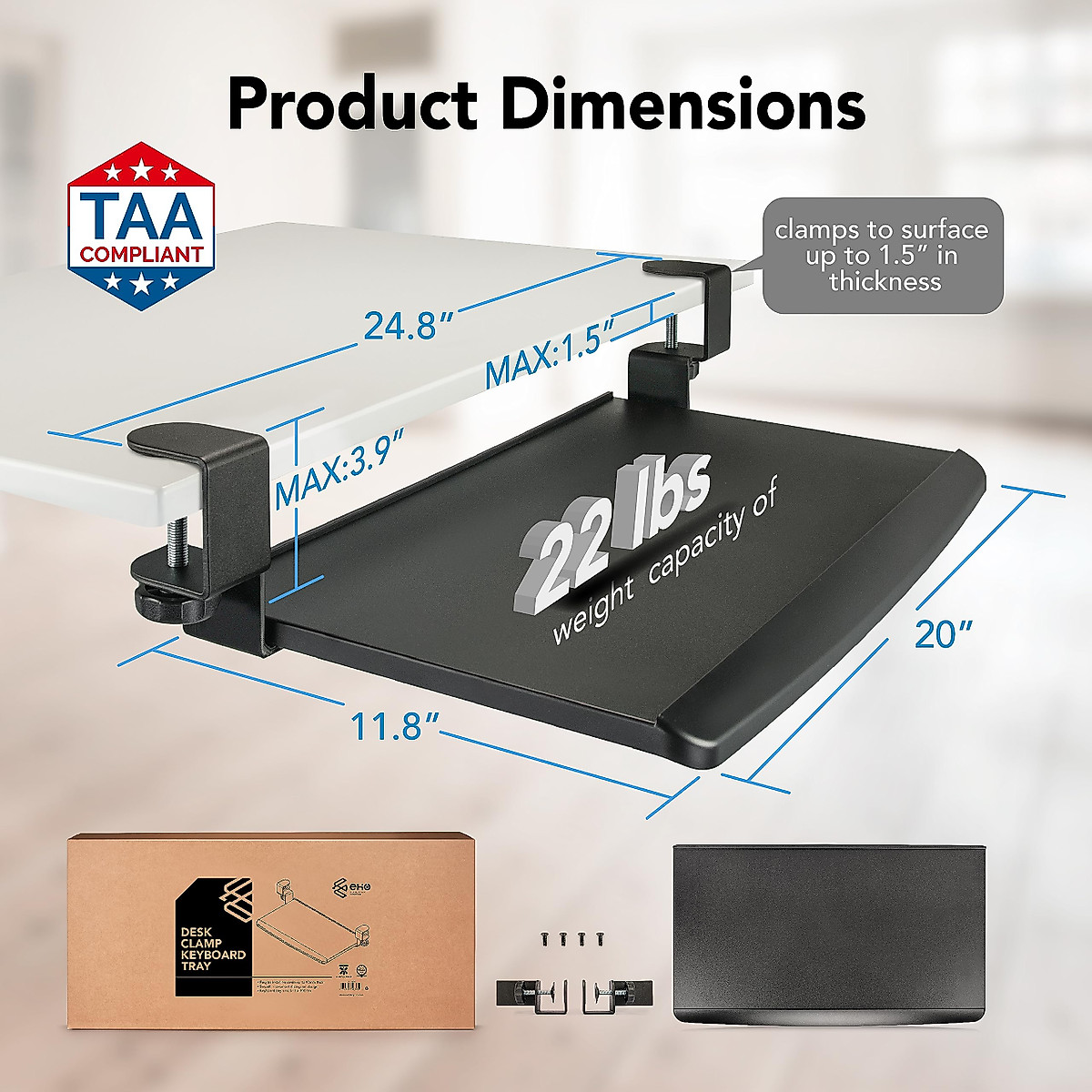 EHO Clamp-On Retractable Adjustable Keyboard Tray, Under Desk Ergonomic Keyboard Tray - Easy Tool-Free Install - Small Surface 20" x 11.5"