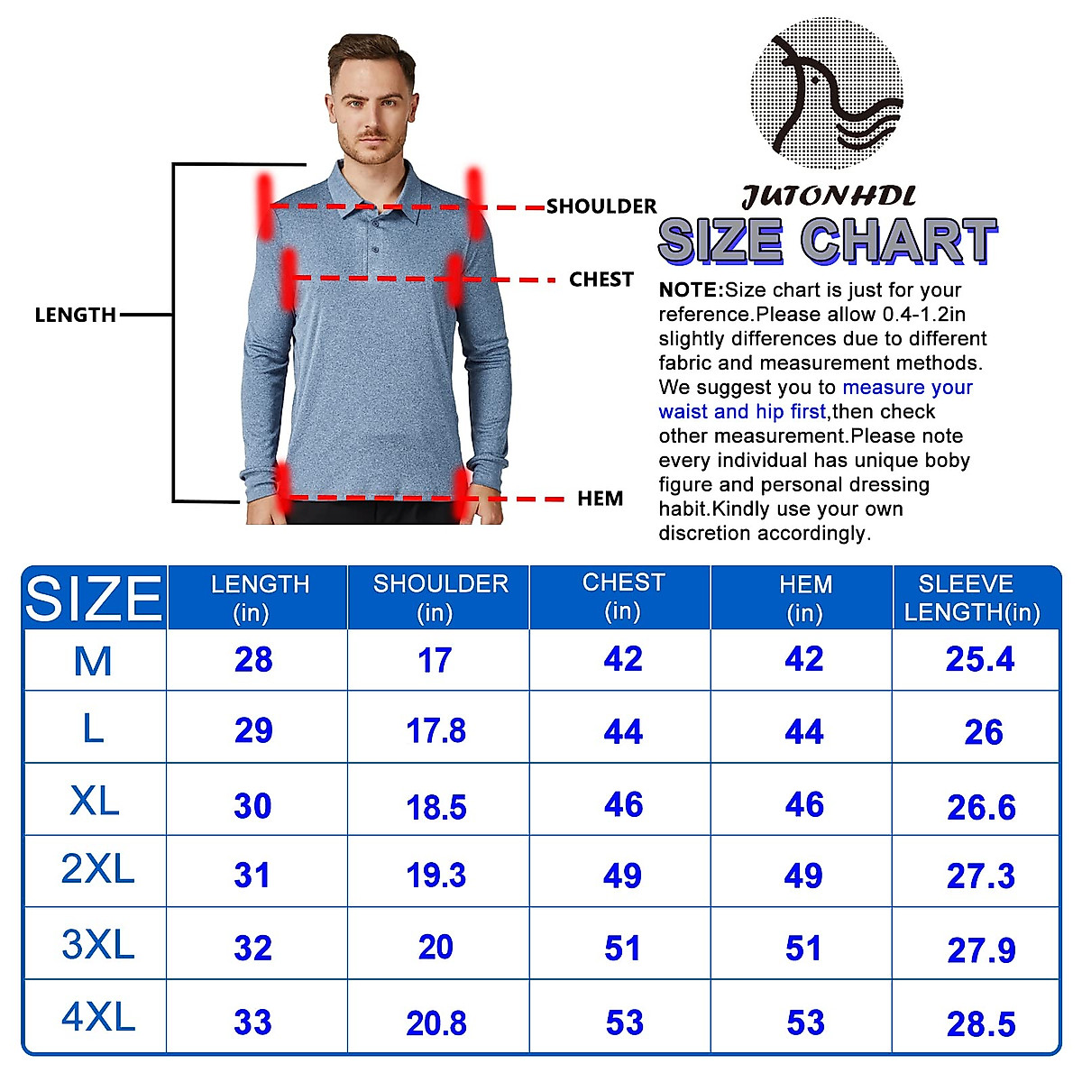 JUTONHDL Mens Long Sleeve Golf Polo Shirts with Seamless Moisture Wicking UPF 50+ Sun Protection for Fishing Running Hiking(H Sapphire Blue,3XL)