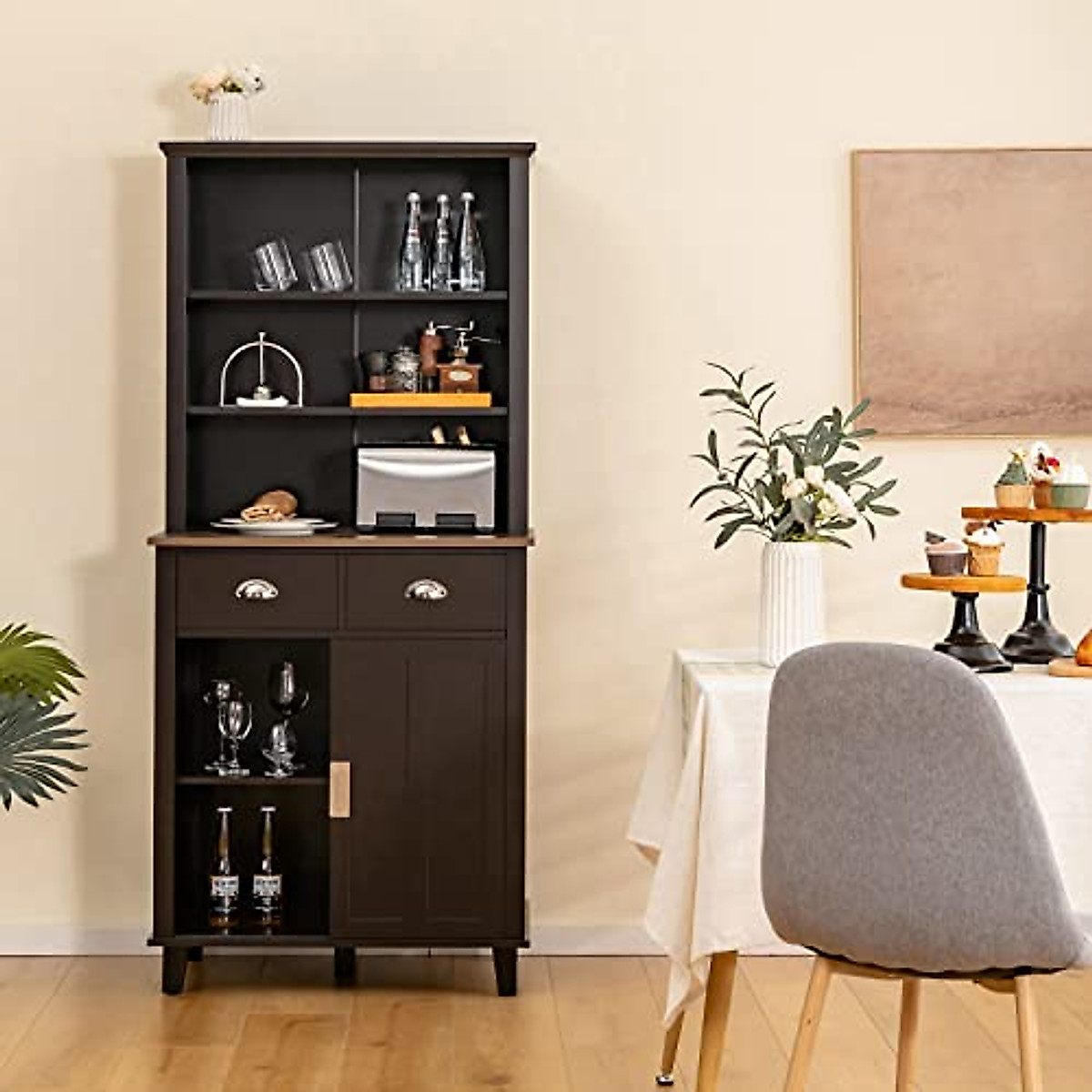 Giantex Buffet Hutch Storage Cabinet, Kitchen Pantry with 2 Drawers, Sideboard with Sliding Door, 2 Tier Shelves, Microwave Countertop, Anti-Toppling, Wood Farmhouse Cupboard for Utensil (Brown)