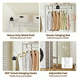 Memobarco Over Washer and Dryer Shelves, 2 Tiers Metal Clothes Drying Rack, Laundry Room Bathroom Organization, Space Saving Freestanding Closet Organizer Storage with Wire Shelves Side Hooks, White