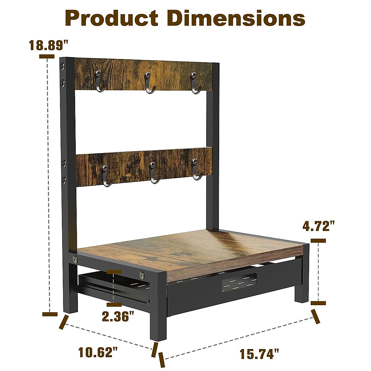 waaliji Coffee Mug Holder for Countertop, Coffee Pod Drawer Tray Station with 6 Hooks and 35 Capsules Capacity, Rustic Wood Cup Hanger Organizer for Kitchen Coffee Bar, Black