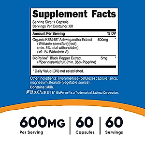 Nutricost KSM-66 Ashwagandha Root Extract 600mg, 60 Veggie Caps - 5% Withanolides - with BioPerine - Full-Spectrum Root Extract