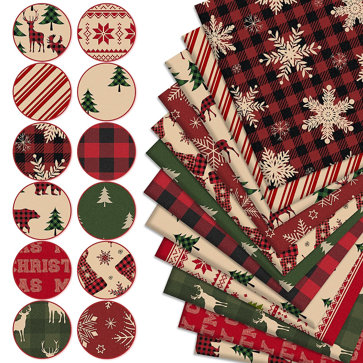 JarThenaAMCS 12Pcs Christmas Cotton Fabric Bundles 18 x 22 Inch Red Green Woodland Fat Quarters Xmas Sewing Fabrics for DIY Craft Party Decor
