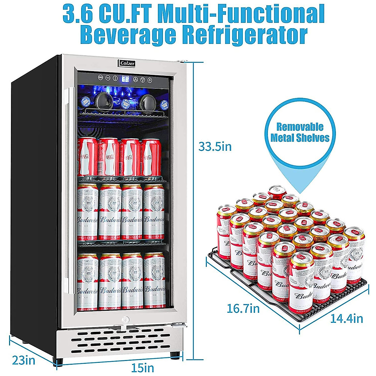 COLZER 15 inch Beverage Refrigerator with Glass Door 126 Cans Mini Beverage Cooler Under Counter Freestanding Built in Centre Garage Fridge with Lock for Drink Beer Soda Wine Water