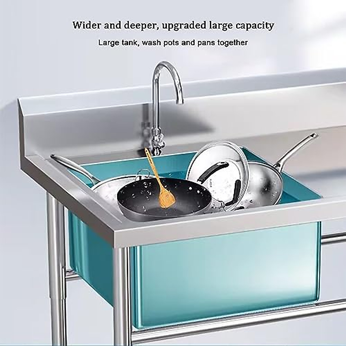 Large Single Bowl Outdoor Sink Freestanding Stainless Steel Sink, Stainless Steel Utility Sinks,1 Compartment Commercial Kitchen Sink,w/Workbench (39.4 * 19.7 * 31.5in,left platform)