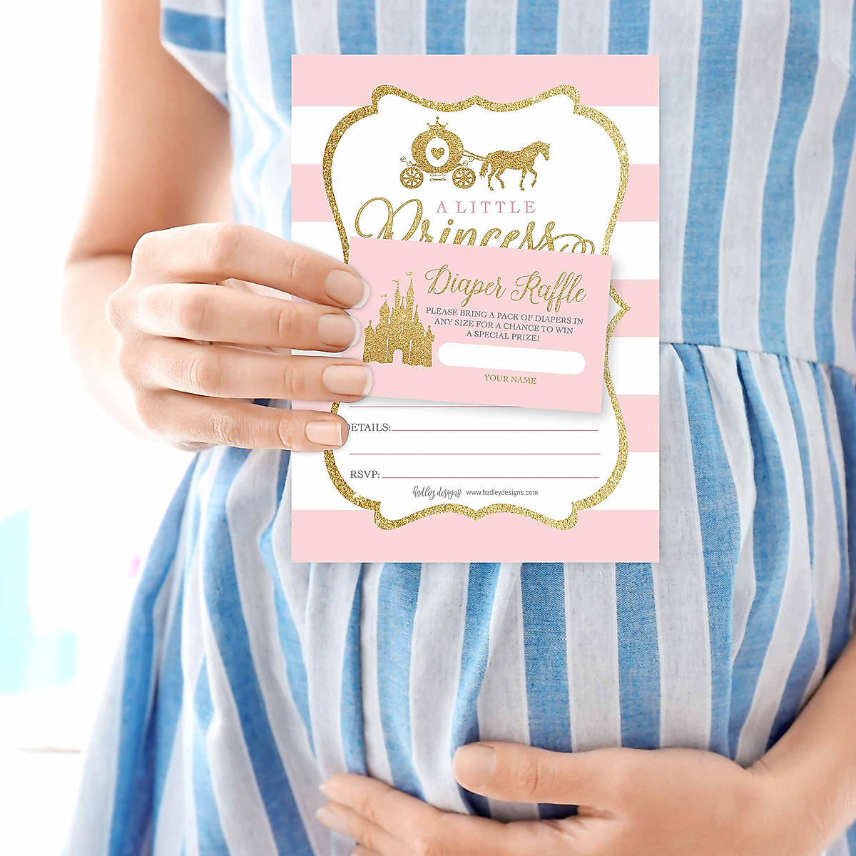 Hadley Designs 25 Little Princess Baby Shower Invitations, 25 Diaper Raffle Tickets for Baby Girl, Pink & Gold Fill or Write in Card, Diaper Raffle Cards