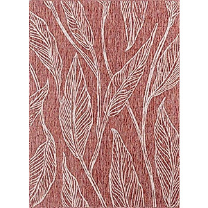 Unique Loom Outdoor Botanical Collection Area Rug - Leaf (7' 1" x 10' Rectangle, Rust Red/ Gray)