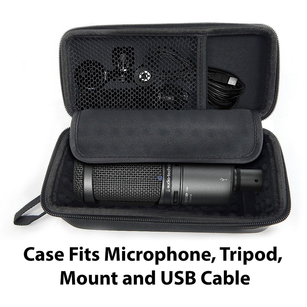 CASEMATIX Padded Microphone Case Compatible with AT2020 USB, AT2020USB Plus, AT2035, AT2050, AT4033A, AT4040, AT4050, ATR2500 USB with Windscreen and Small Cable Accessories, Case Only