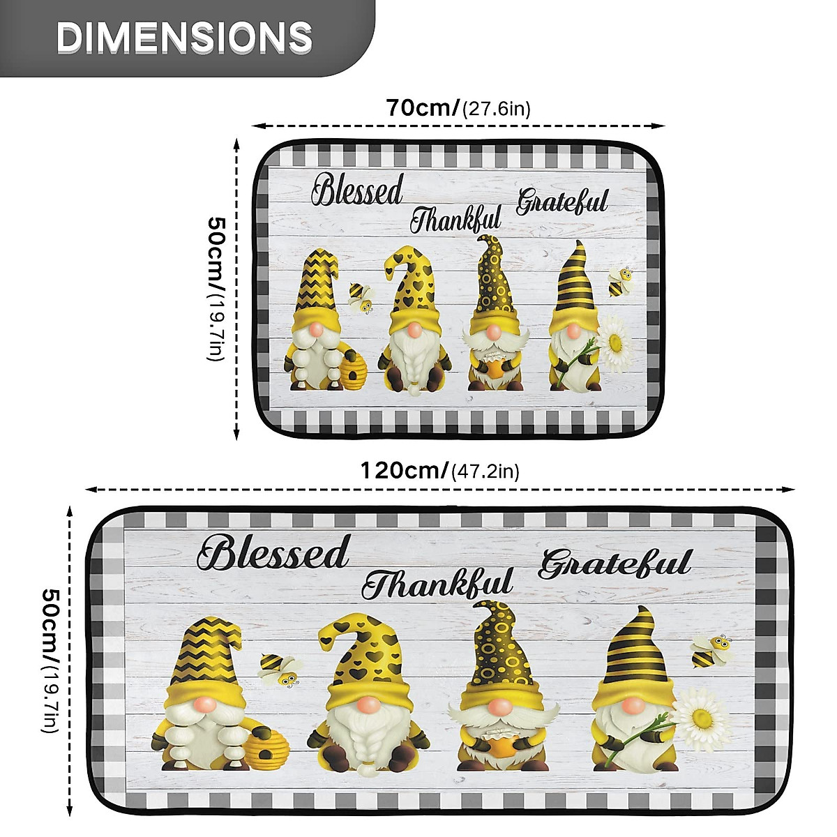 ZOEO Kitchen Mats Gnomes Set of 2 Bee Sunflower Farmhouse Floor Rug Memory Foam Shower Runner Absorbent Non Slip Light for Home Hotel Door Laundry Thick Soft Washable