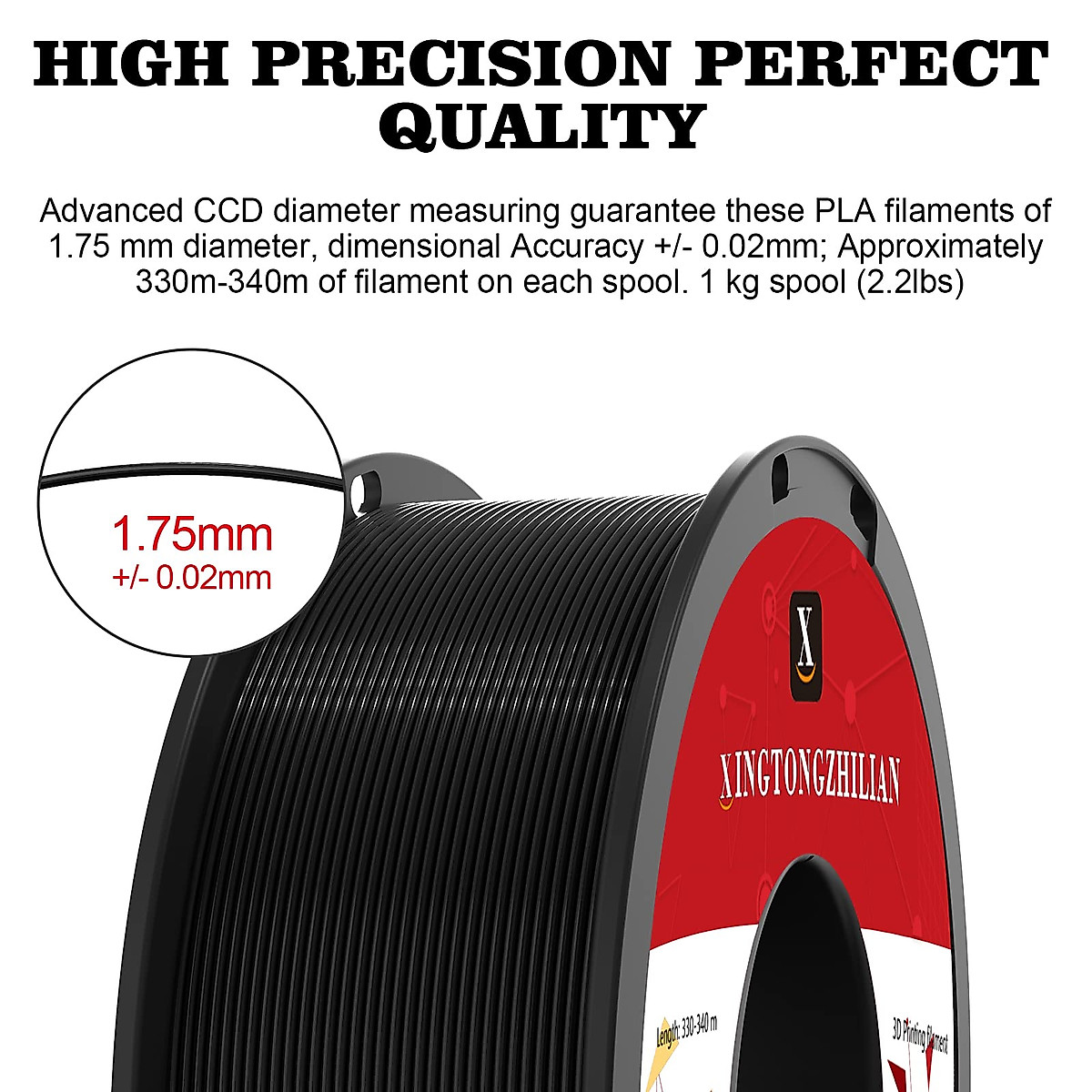 PLA 3D Printer Filament, PLA Filament 1.75mm for 3D Printing, Dimensional Accuracy +/- 0.02mm, Black 1kg Spool (2.2lbs)