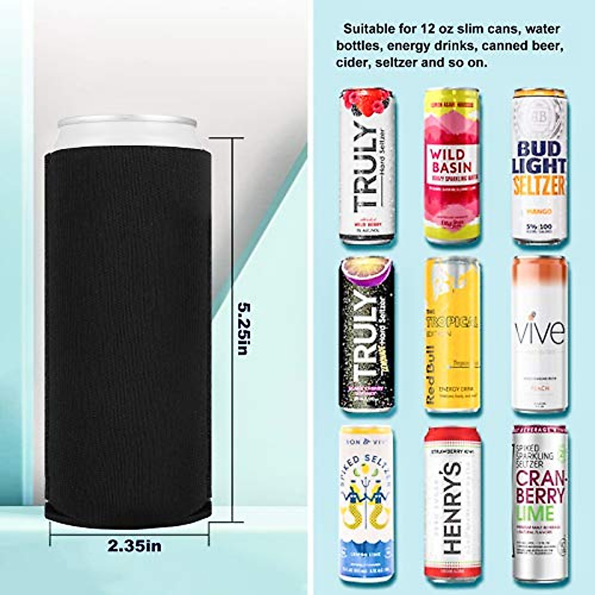 Slim Can Cooler Sleeves, 12oz Skinny Blank Neoprene Beer Can Sleeve, Soft Insulated Reusable DIY Personalized Cooler for Water Bottle Soda, Collapsible for Parties Weddings (Black, 12)