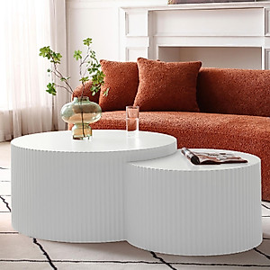 31.5 inch Round Coffee Table for Living Room, Set of 2 Large Circle Coffee Table, Handcraft Solid Wood Center Drum Nesting Table, Modern Farmhouse Style for Bedroom, Balcony, Office, Matte White