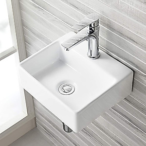 VASOYO Small Wall Mount Corner Bathroom Vessel Sink White Rectangle Porcelain Ceramic Above Counter Vessel Sink Single Faucet Hole Art Basin