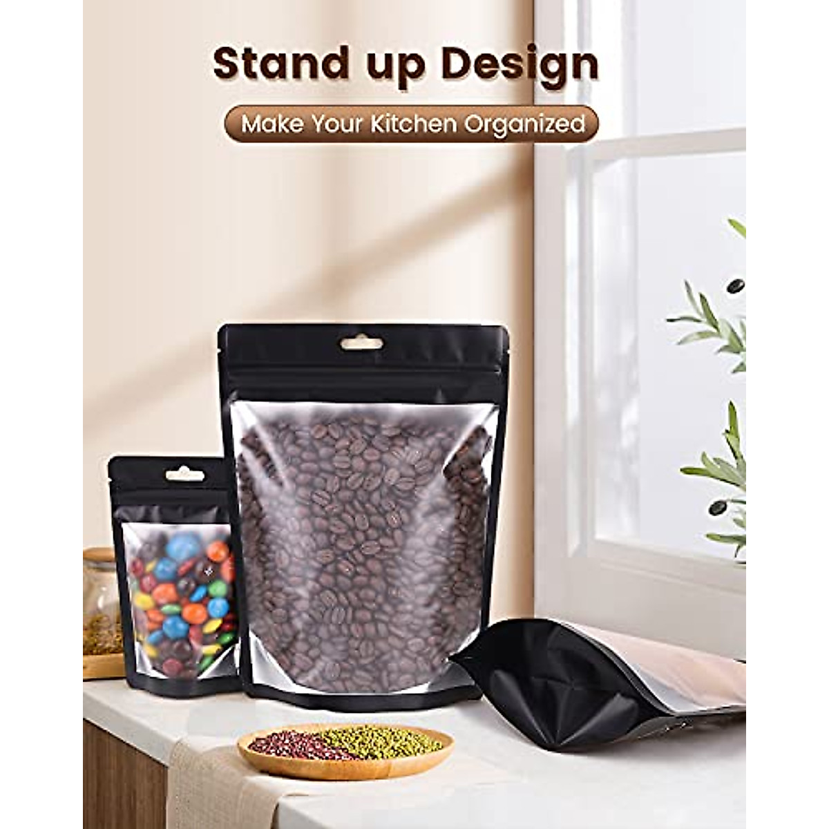 Resealable Bags, Mylar Bags Smell Proof Bags with Clear Window,Packaging Bags for Storage Coffee Beans, Cookie, Lipstick, Candy，150 Pieces， 6"x9"&4"x6"